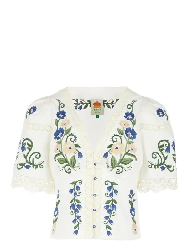 Farm Rio V-neck Embroidered Puff Sleeve Shirt - White