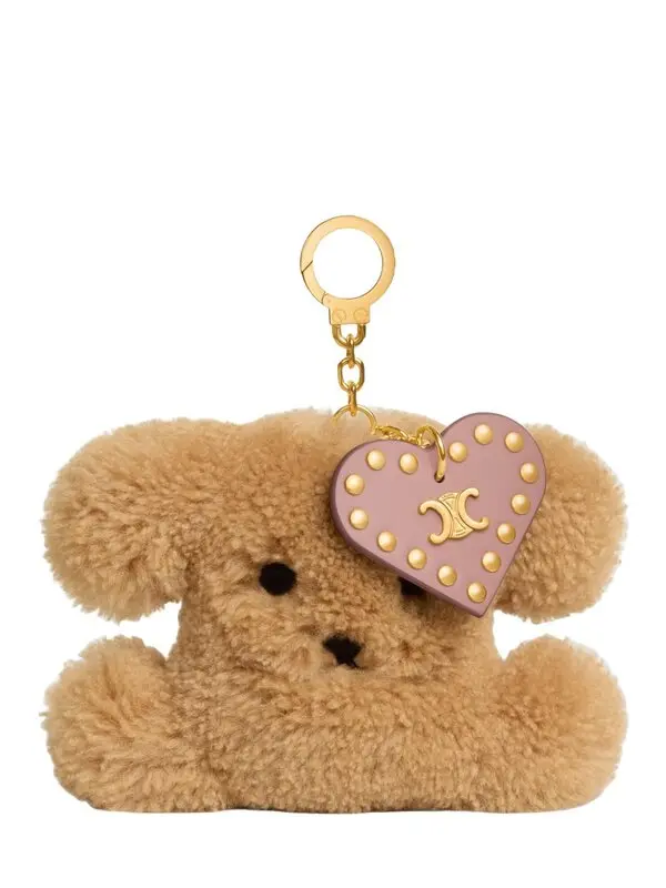 Celine Triomphe Pom-pom Charm In Embroidered Shearling And Calfskin - Brown/pink