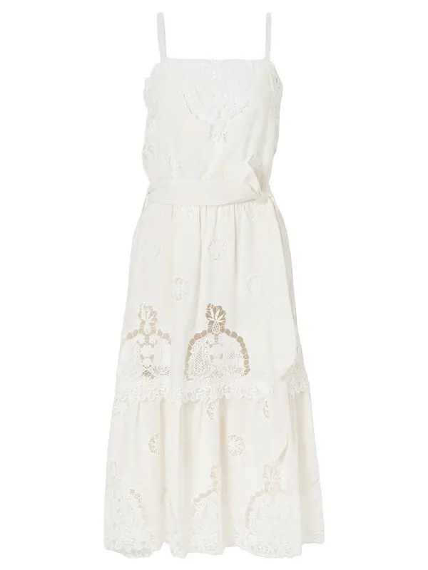 Miguelina Esme Belted Guipure Lace-trimmed Cotton-blend Midi Dress - Neutrals