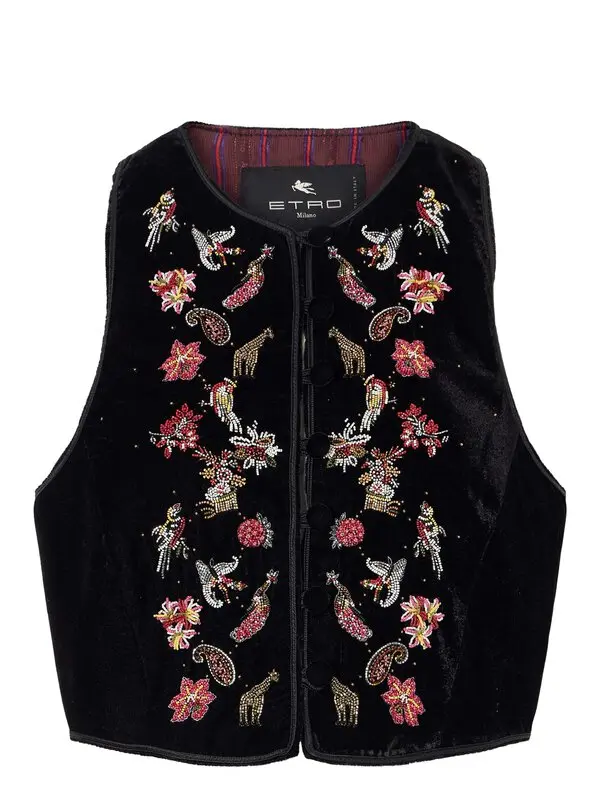 Etro Bead-embellished Velvet Cropped Vest - Black