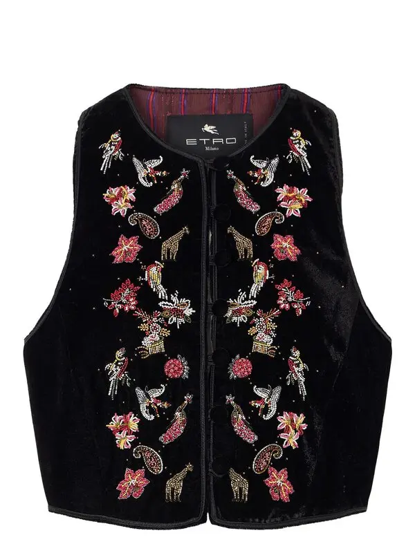 Etro Embellished Cropped Velvet Vest - Black