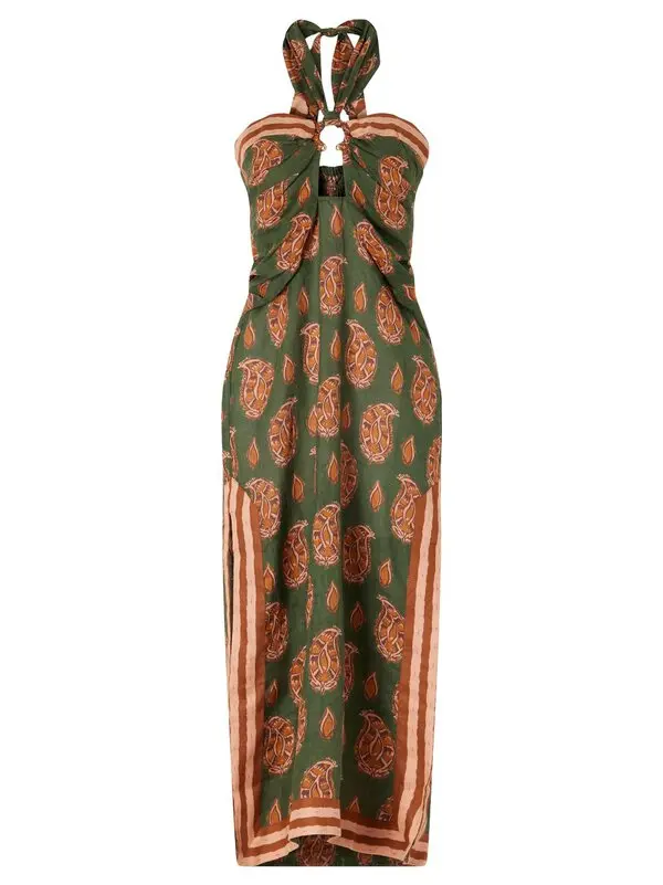 Johanna Ortiz Desert Heart" Printed Cut-out Halterneck Linen Maxi Dress - Green