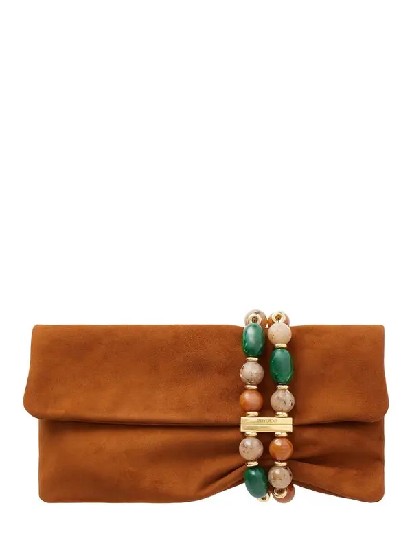 JIMMY CHOO Zandra Beaded Leather Shoulder Clutch - Tan
