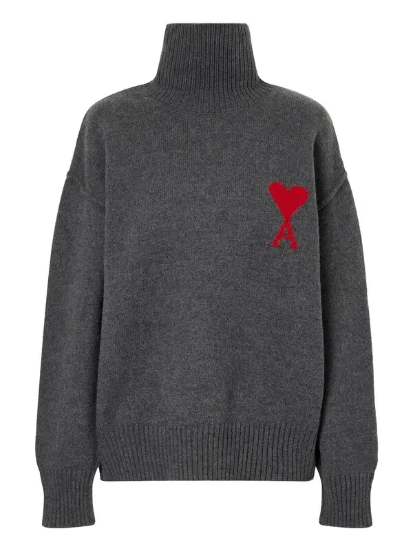 AMI Paris Oversized Intarsia Wool Turtleneck Sweater - Gray