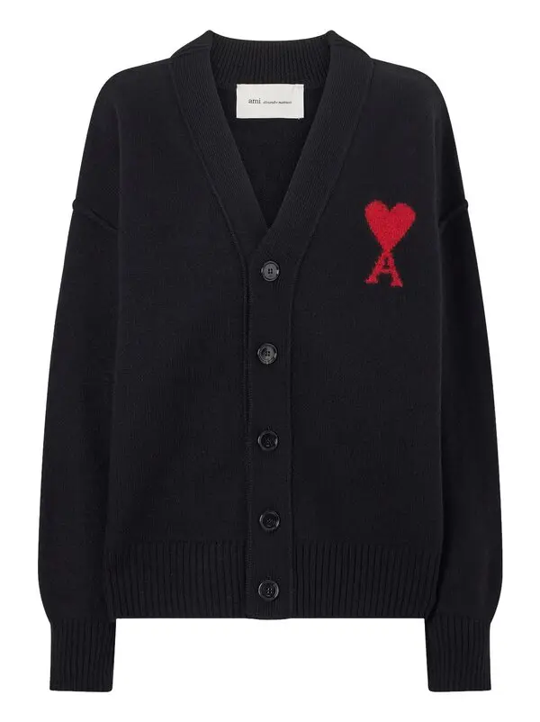 AMI Paris Intarsia Merino Wool Cardigan - Black