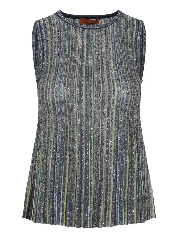 Missoni Sleeveless Sequined Striped Knit Top - Green