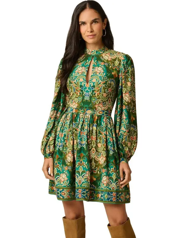 Adrianna Papell Long Sleeve Keyhole Floral Print Mini Dress - Olive Multi