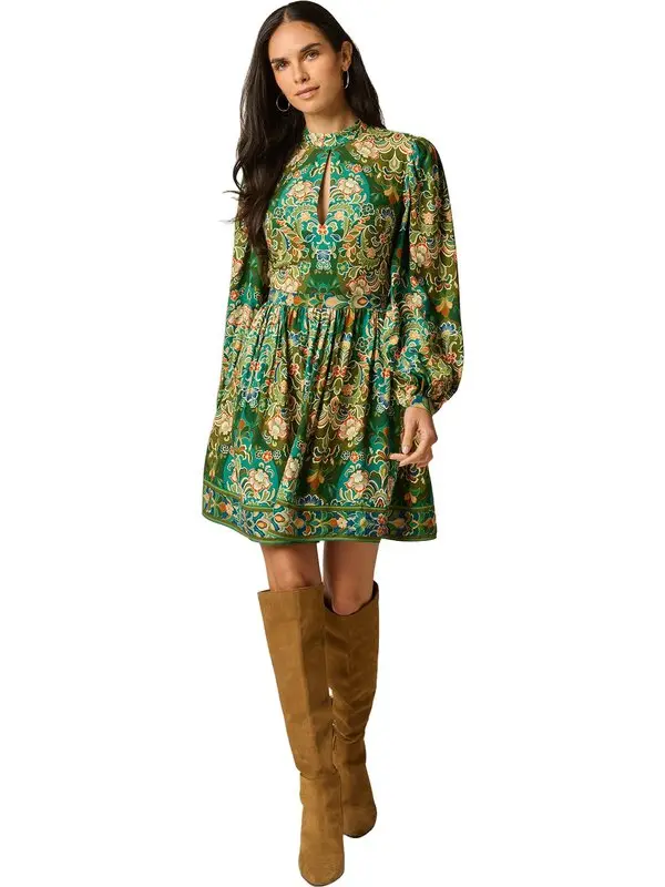 Adrianna Papell Long Sleeve Keyhole Floral Print Mini Dress - Olive Multi