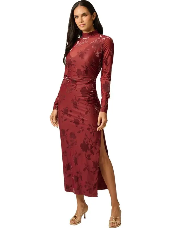 Adrianna Papell Long Sleeve Stretch Velvet Burnout Ankle Length Dress - Auburn