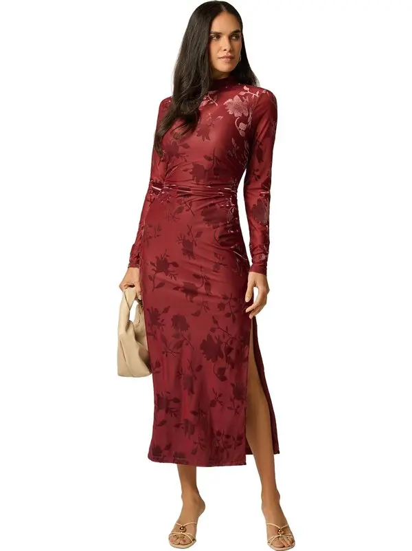 Adrianna Papell Long Sleeve Stretch Velvet Burnout Ankle Length Dress - Auburn