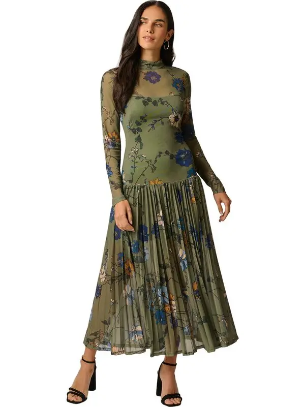 Adrianna Papell Long Sleeve Floral Stretch Mesh Drop Waist Dress - Olive Multi