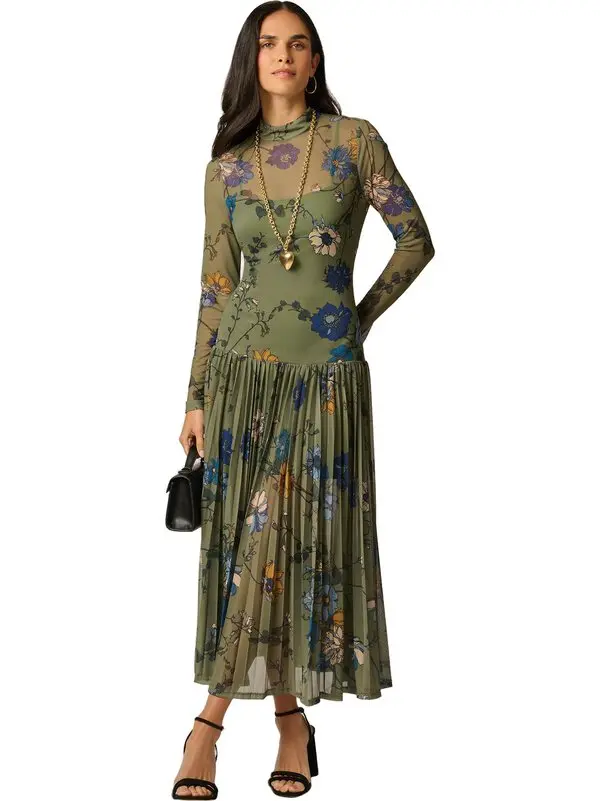 Adrianna Papell Long Sleeve Floral Stretch Mesh Drop Waist Dress - Olive Multi