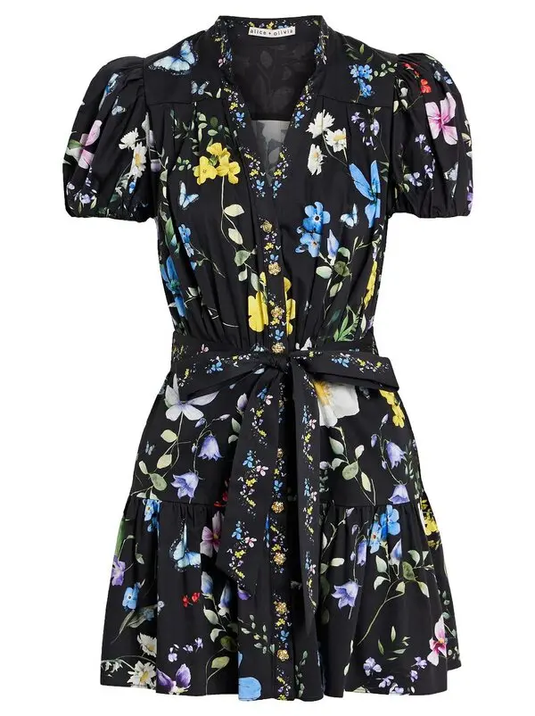 Alice + Olivia Cora Printed Cotton-blend Poplin Mini Shirt Dress - Black