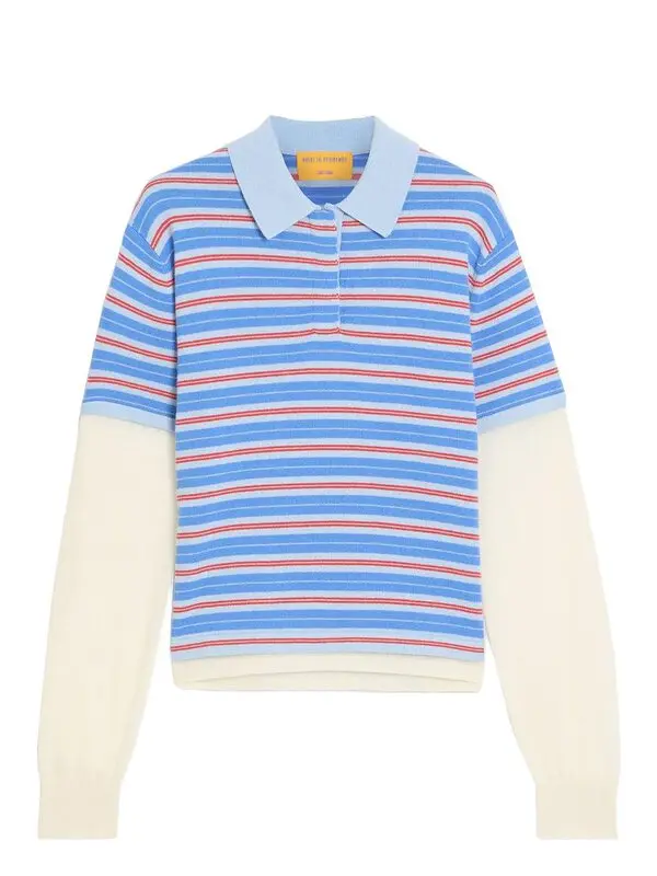 Guest In Residence Striped Layered Cashmere Polo Sweater - Light Blue