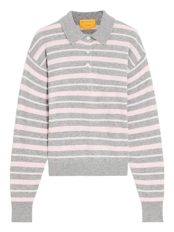 Guest In Residence Striped Cashmere Polo Sweater - Light Gray