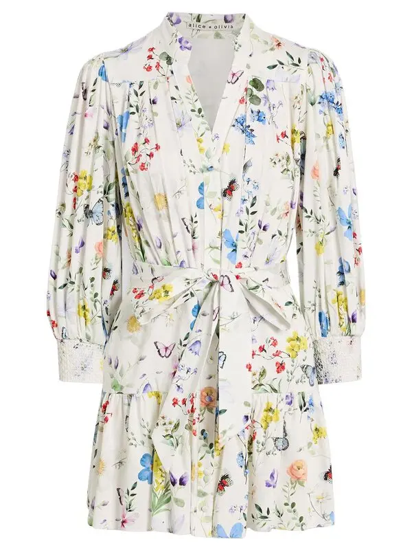 Alice + Olivia Cora Floral-print Cotton-blend Poplin Mini Shirt Dress - White