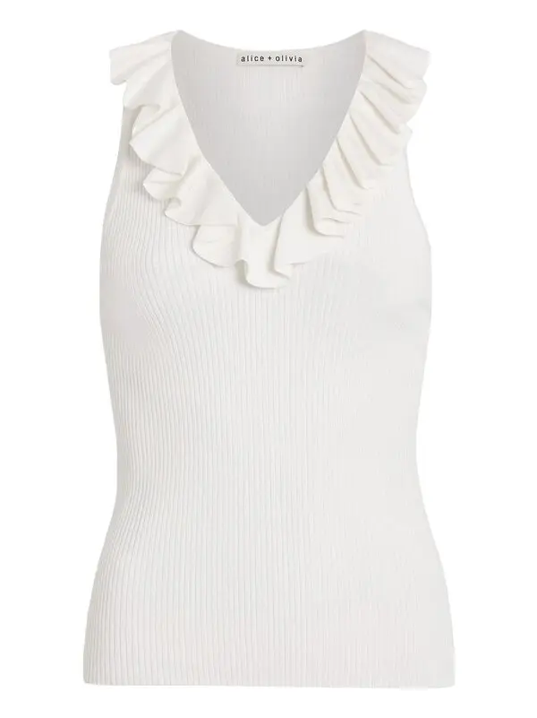 Alice + Olivia Daryn Ruffled Ribbed Knit Top - White