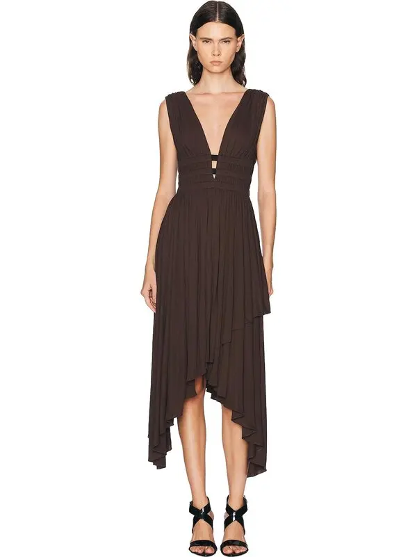 Alaïa V-neck Asymmetrical Hem Midi Dress - Chocolat