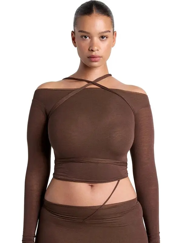 SKIMS Sheer Modal Off-the-shoulder Long Sleeve Top - Cocoa