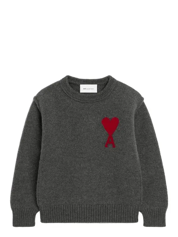 AMI Paris Grey Crewneck Wool Sweater With De Coeur Embroidery - Heather Grey/red