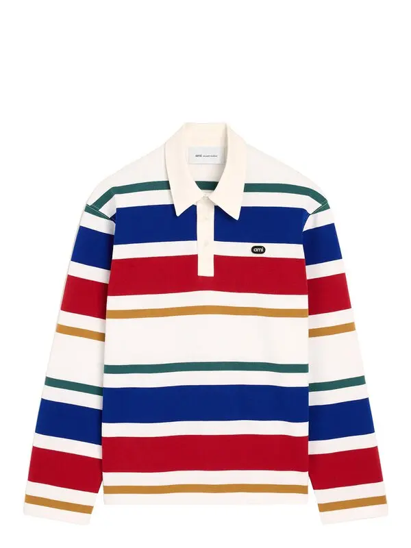 AMI Paris Multicolor Striped Cotton Polo With Patch Multicolor - White/blue/red
