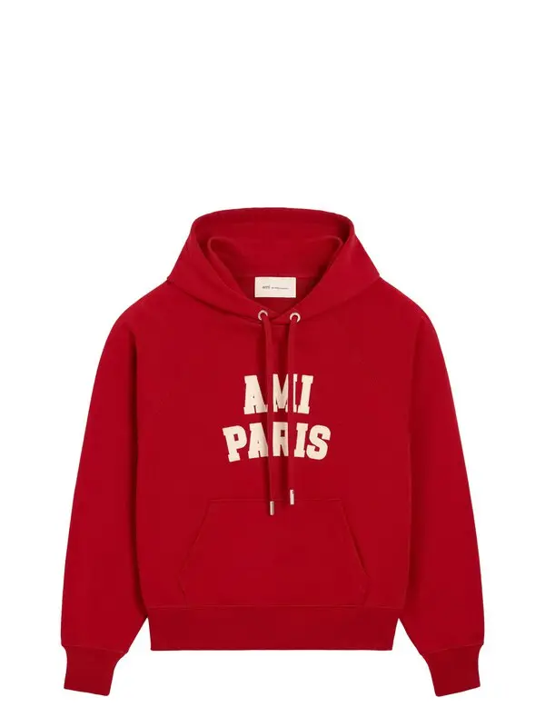 AMI Paris Embroidered Organic Cotton Hoodie - Ruby Red/ivory