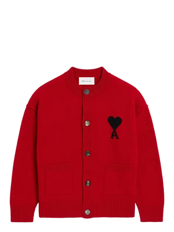 AMI Paris Red Crewneck Wool Cardigan - Ruby Red/black