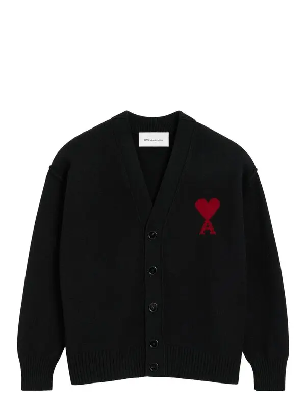 AMI Paris Black Wool Cardigan With De Coeur Emblem - Black/red
