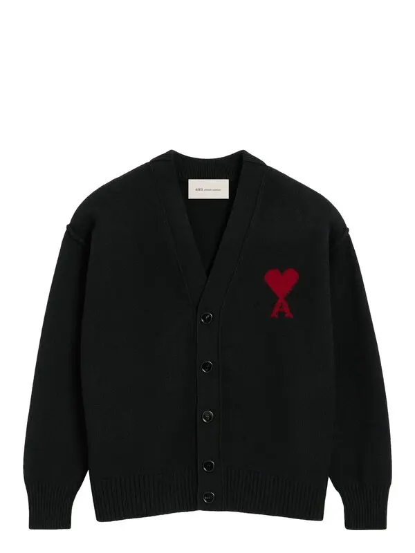 AMI Paris Black Wool Cardigan With De Coeur Logo - Black/red