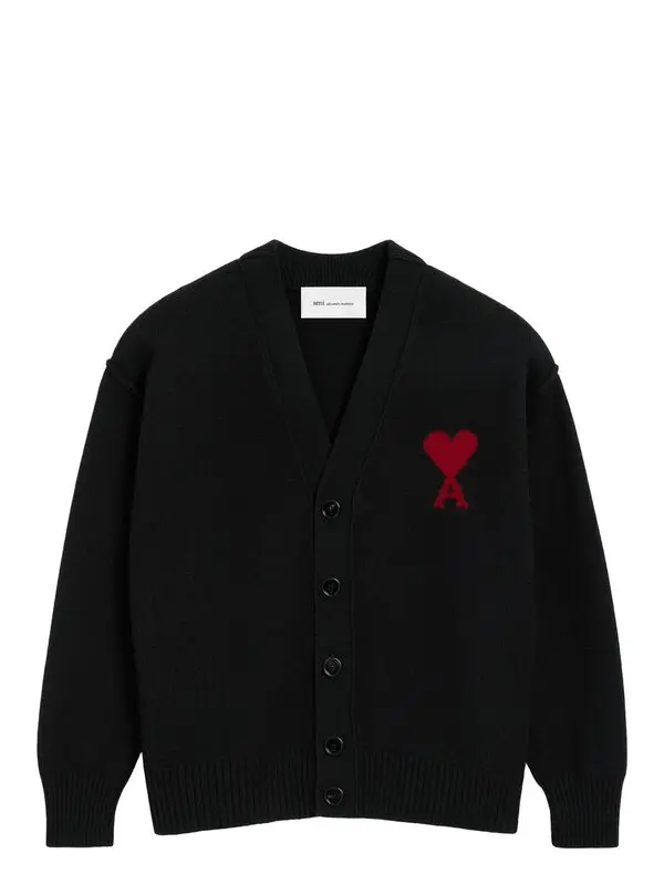 AMI Paris Black Wool Cardigan With De Coeur Emblem - Black/red