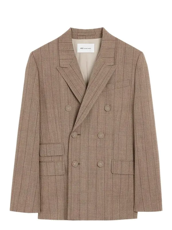 AMI Paris Brown Double Breasted Striped Wool Blazer Brown - Choco Brown/ruby Red