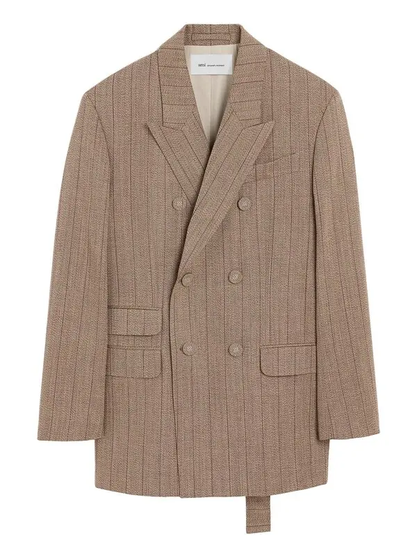 AMI Paris Brown Double Breasted Striped Wool Blazer Brown - Choco Brown/ruby Red
