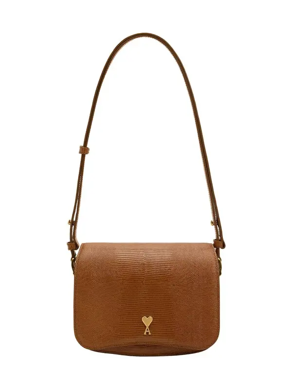 AMI Paris Brown Lizard Embossed Cowhide Leather Bag - Cognac