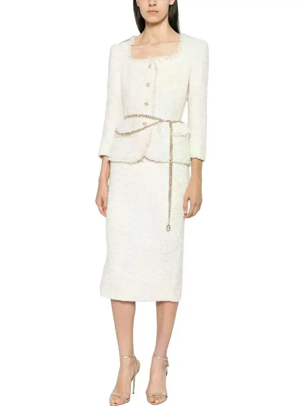 SELF-PORTRAIT Bouclé Midi Skirt And Jacket Set With Chain Belt - Neutrals