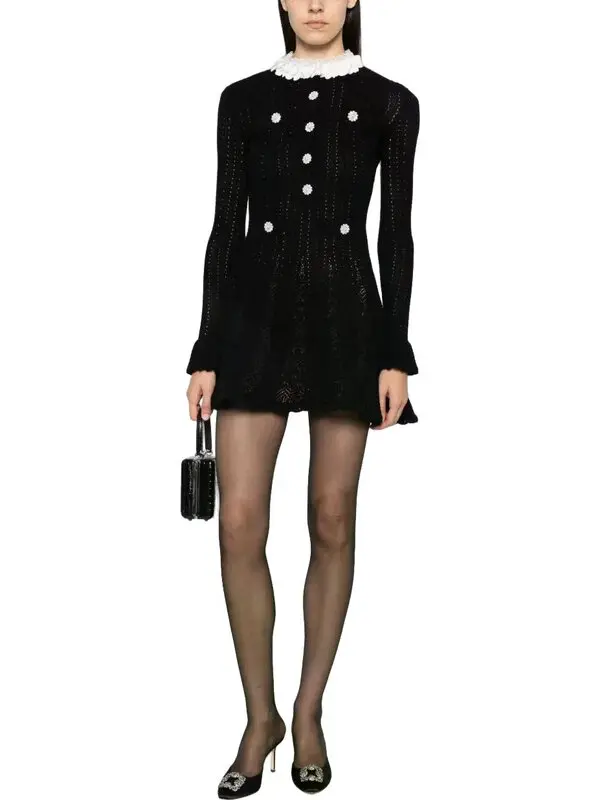 SELF-PORTRAIT Flower-button Lace-collar Mini Dress - Black
