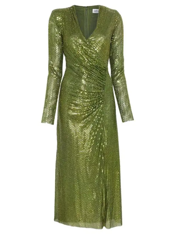 SELF-PORTRAIT Rhinestone Embellished Ruched Midi Dress - Green