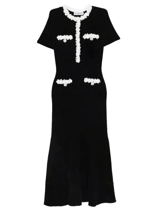 SELF-PORTRAIT Ribbed-knit Midi Dress With Floral Appliqués - Black