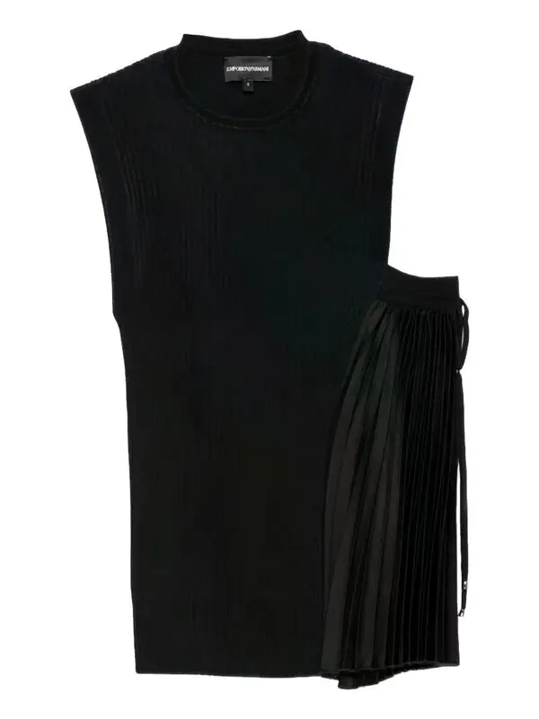 Emporio Armani Ribbed Knit Pleated Panel Sleeveless Top - Black