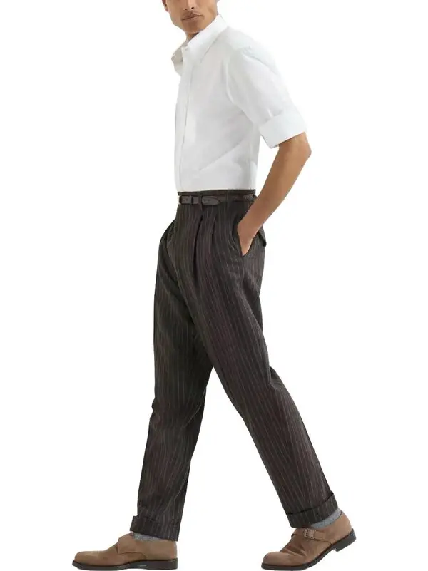 Brunello Cucinelli Virgin Wool And Cashmere Chalk Stripe Double Pleat Trousers - Brown