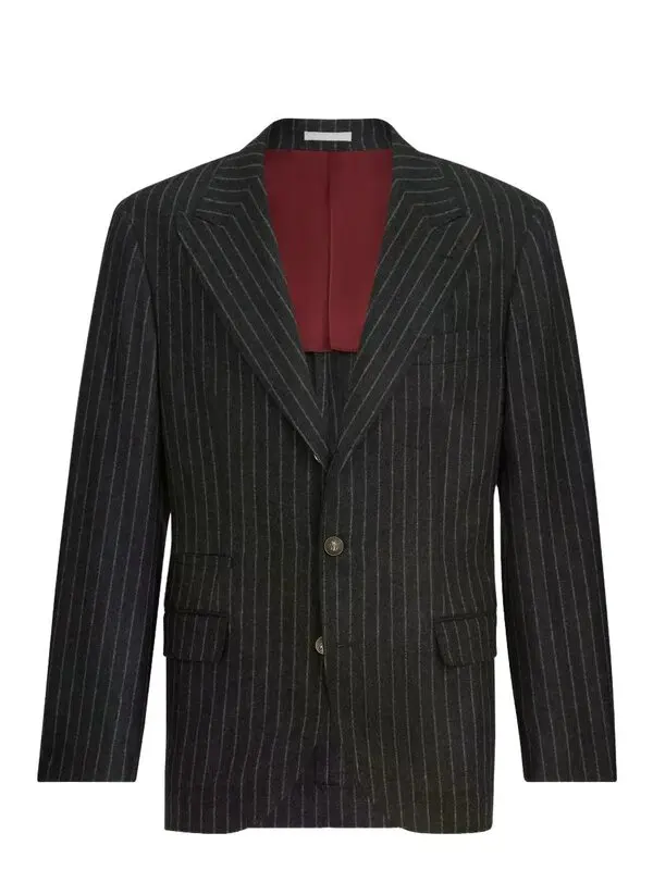 Brunello Cucinelli Virgin Wool And Cashmere Chalk Stripe Flannel Deconstructed Blazer With Large Peak Lapels And Metal Buttons - Grey