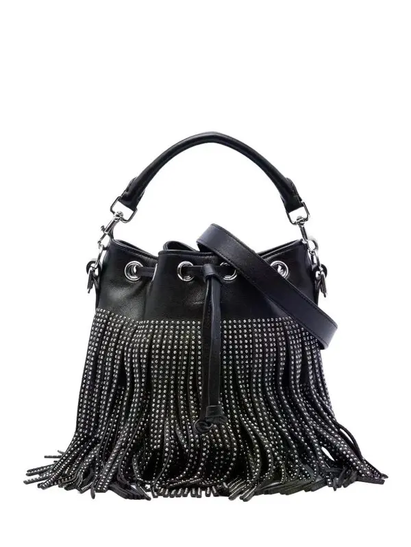 Saint Laurent Small Studded Calfskin Fringe Bucket Bag - Black