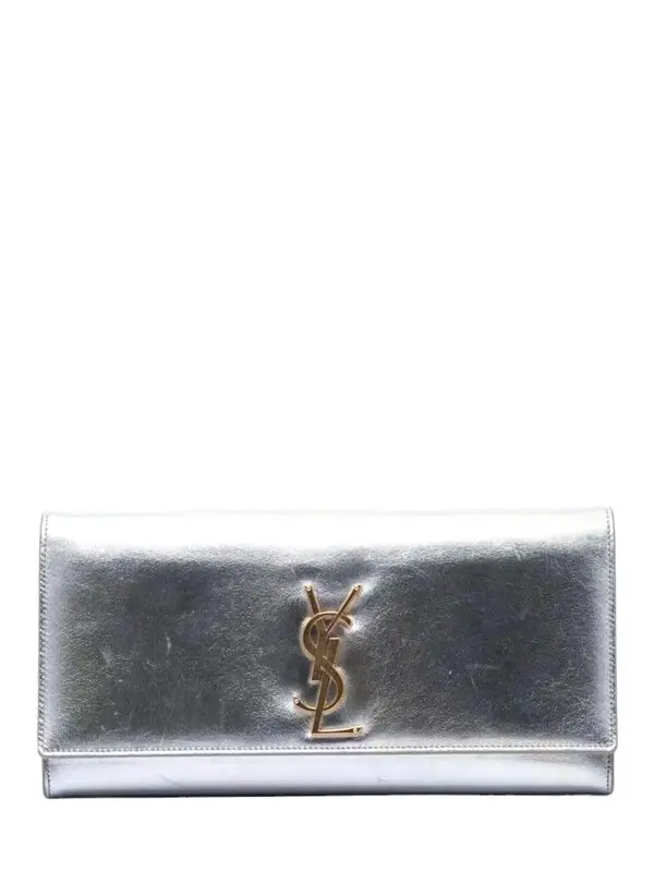 Saint Laurent Metallic Calfskin Monogram Clutch Bag - Silver