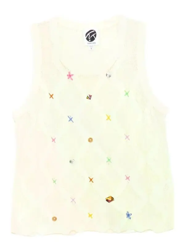YANYAN Lattice Tank Top With Floral Embroidery And Crystal Embellishments - Neutrals