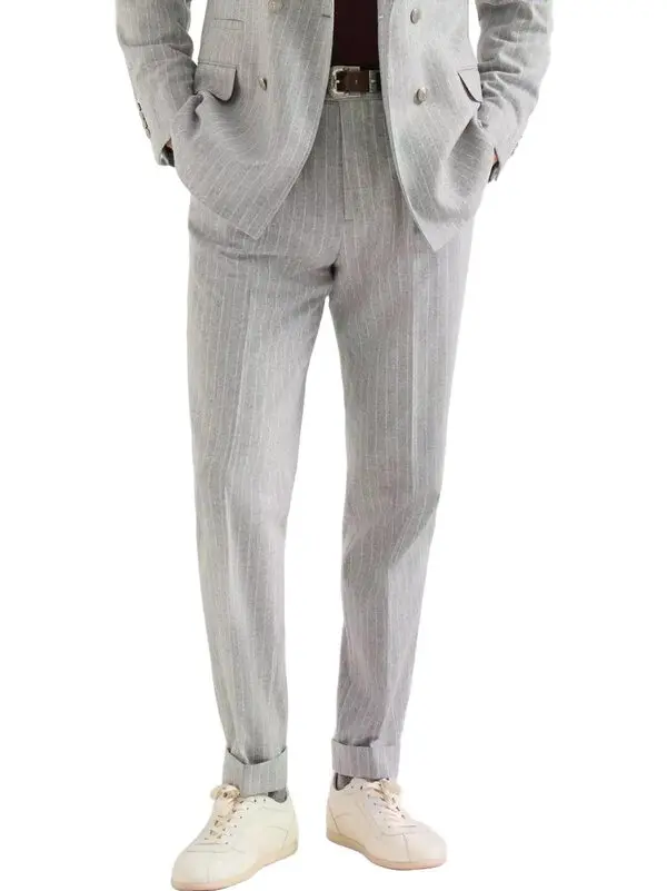 Brunello Cucinelli Virgin Wool And Cashmere Chalk Stripe Flannel Trousers With Pleat - Grey