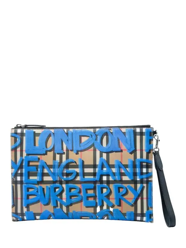 Burberry House Check Canvas Graffiti Zip Pouch Clutch Bag - Neutrals