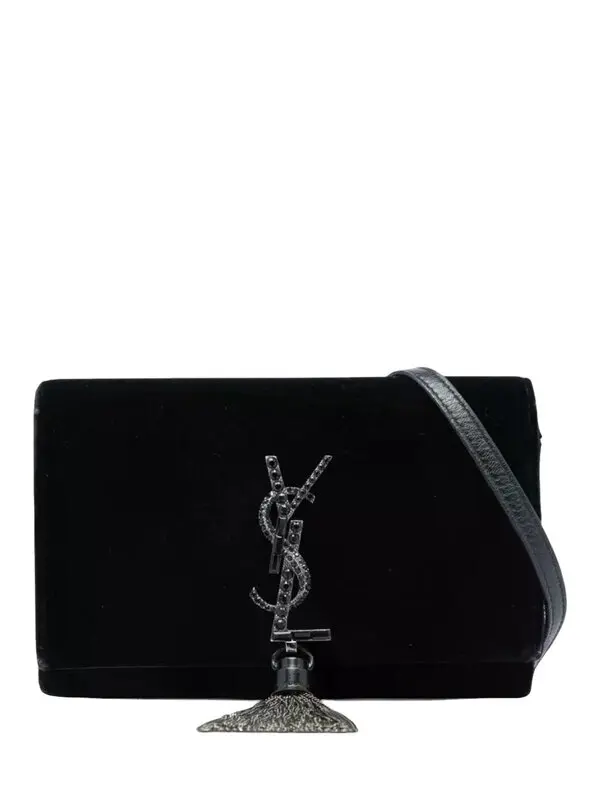 Saint Laurent Velvet Crystal Monogram Kate Tassel Wallet On Chain Crossbody Bag - Black