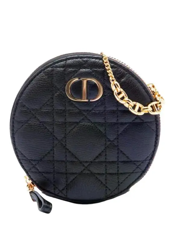 Dior 2021 Calfskin Cannage Round Caro Pouch With Chain Crossbody Bag - Black