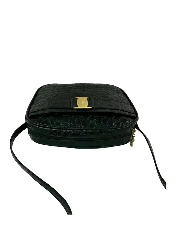 FERRAGAMO Croc Embossed Leather Vara Crossbody Bag - Black