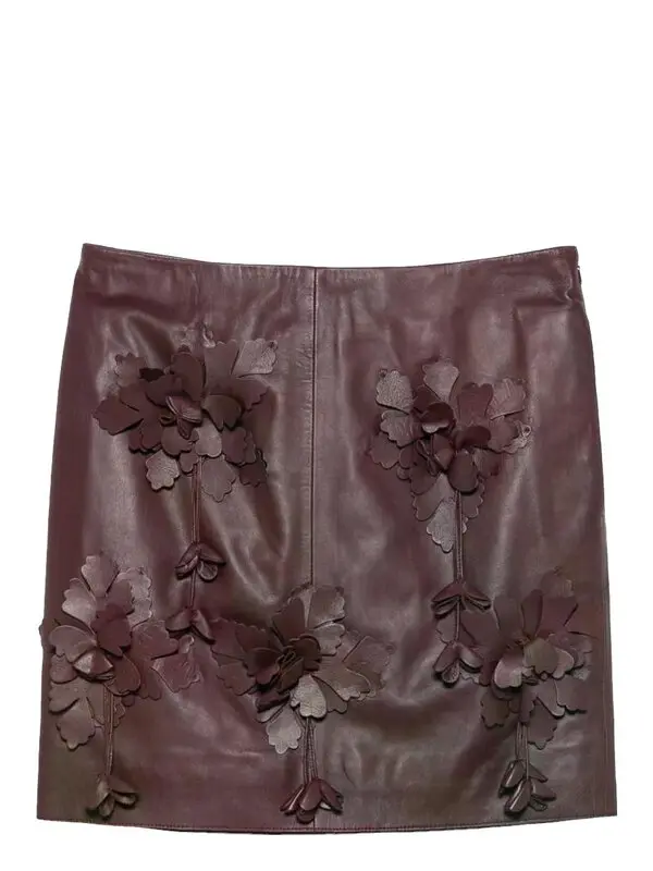 Alberta Ferretti Floral Appliqué Leather Skirt - Brown