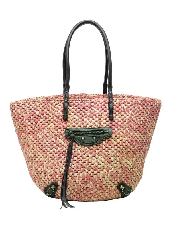 Balenciaga Raffia Motocross Classic Panier Basket Tote Bag - Pink